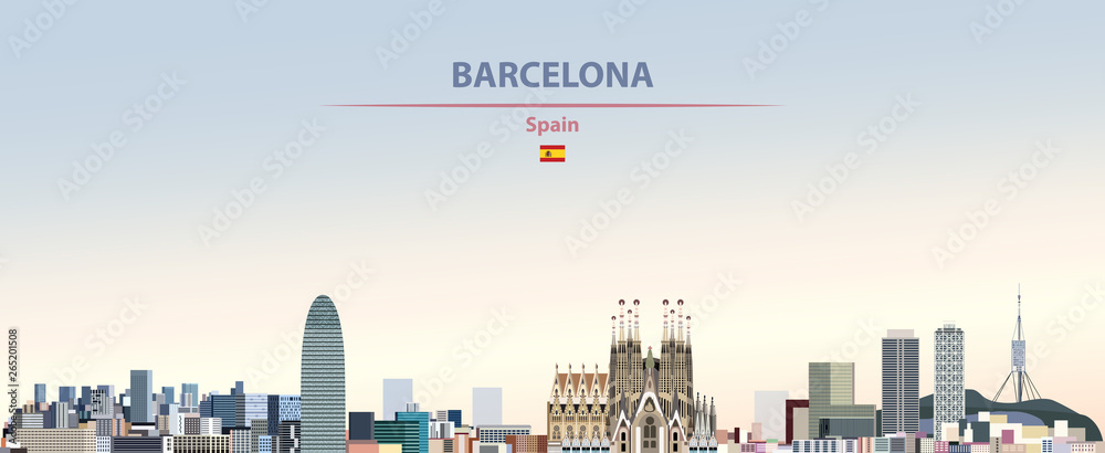 Vector illustration of Barcelona city skyline on colorful gradient ...