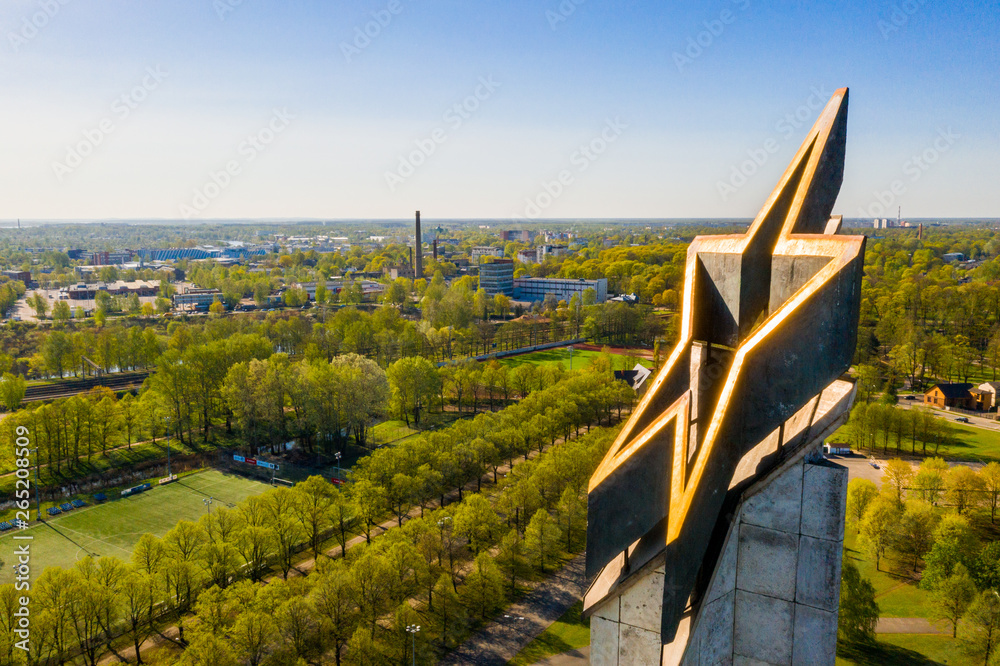 Riga, Latvia, May 1, 2019: Aerial view of the Victory Memorial to ...