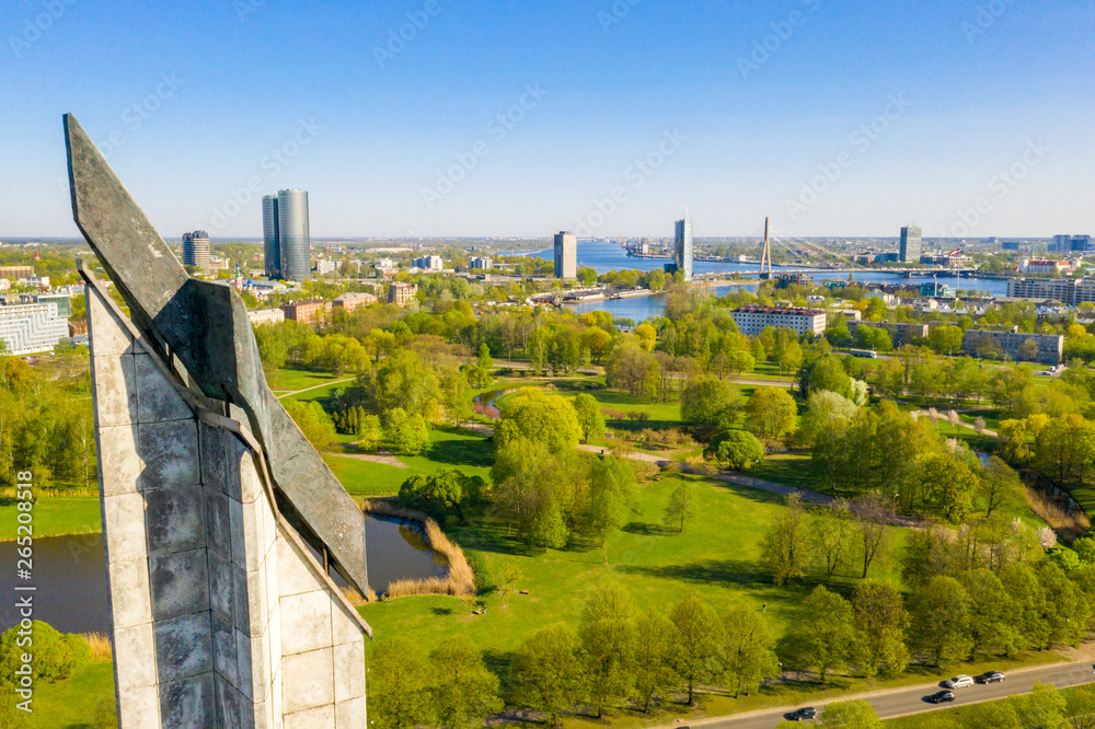 Riga, Latvia, May 1, 2019: Aerial view of the Victory Memorial to ...