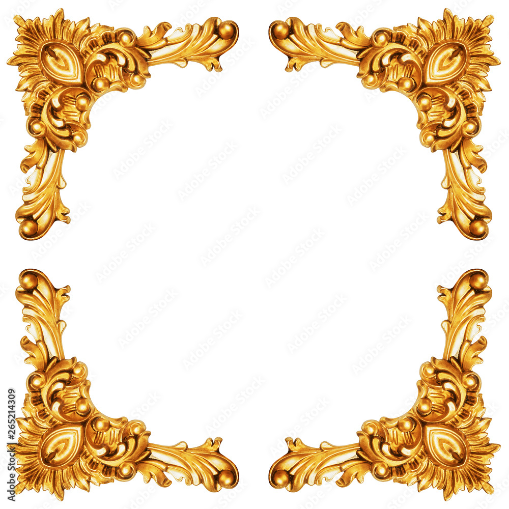 Golden elements of carved frame isolated on white, including clipping ...