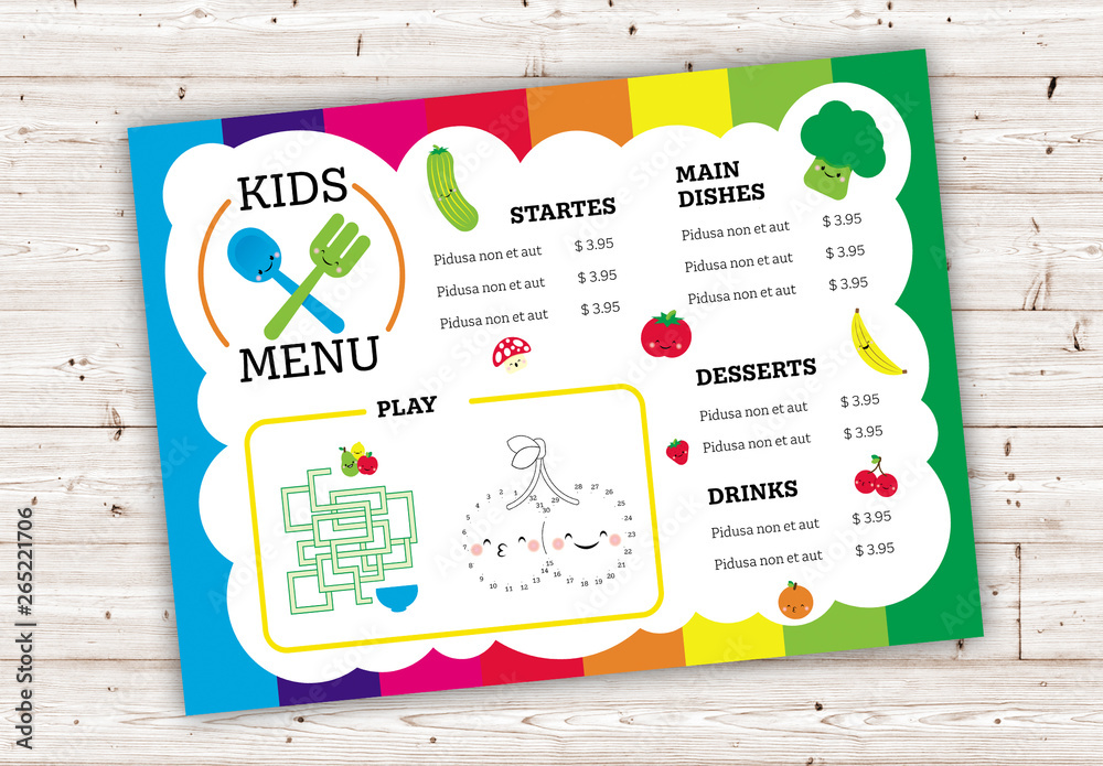 Colorful Kids Menu Layout with Fruits and Vegetables Stock Template ...