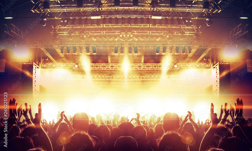 Raised hands in front of a concert stage for a festive crowd Stock ...