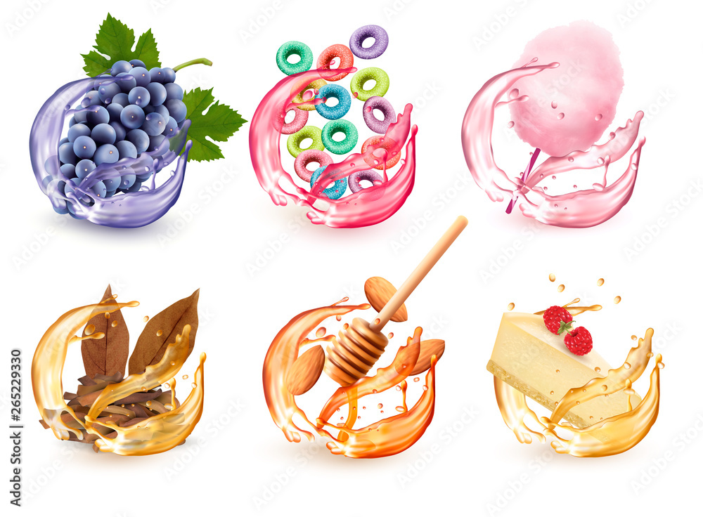 Set of different products flavors in juice splash. Grapes, fruit ...