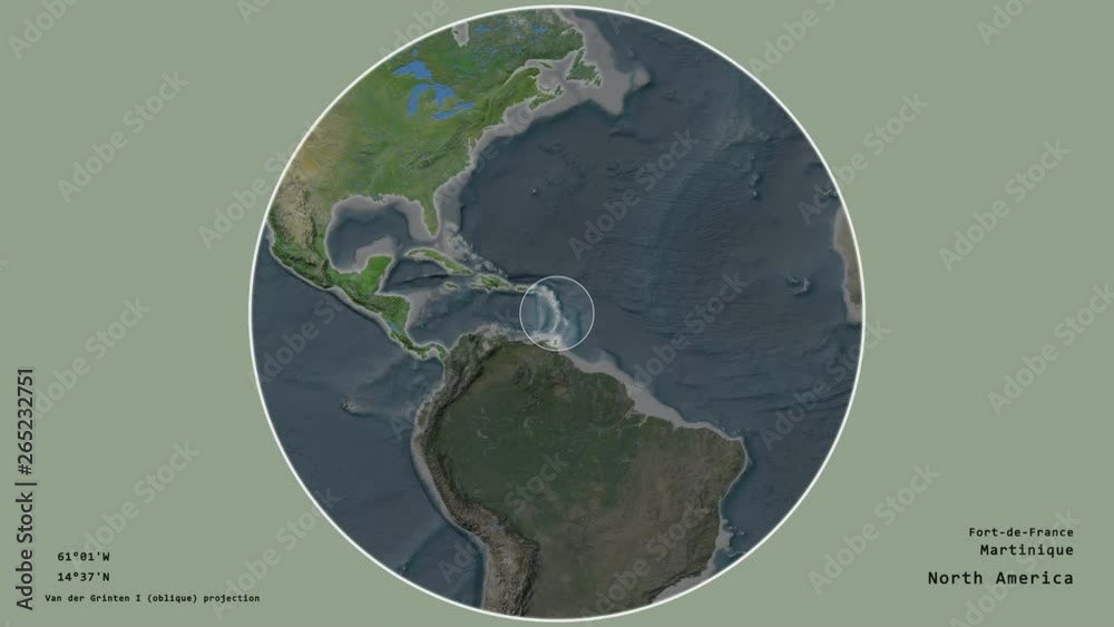 Martinique and its capital circled and zoomed on the global satellite ...
