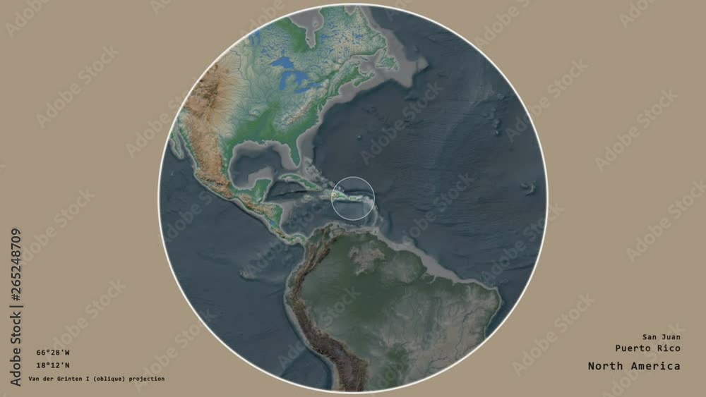 Puerto Rico and its capital circled and zoomed on the global physical ...