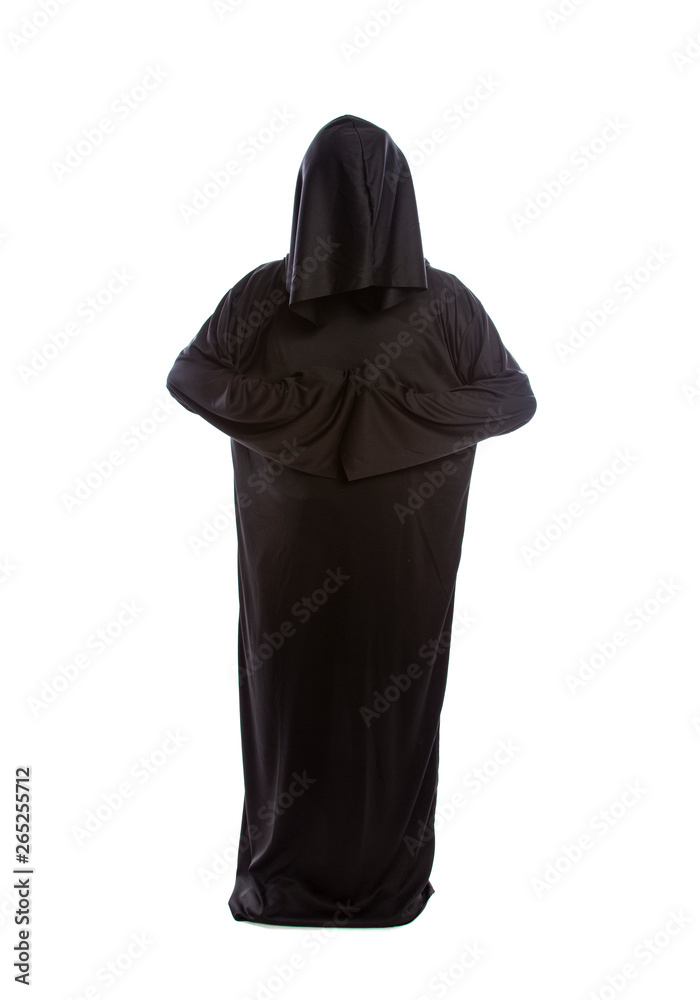 Monk wearing black robes and a hood or a person in a halloween costume ...