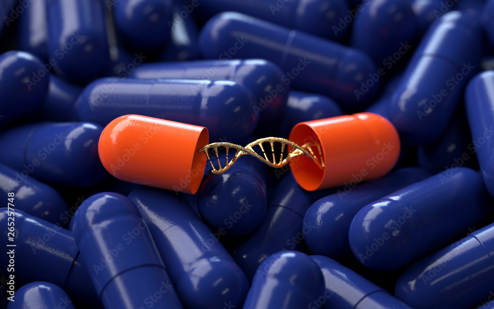 medical capsules with DNA molecule, 3d rendering,conceptual image ...