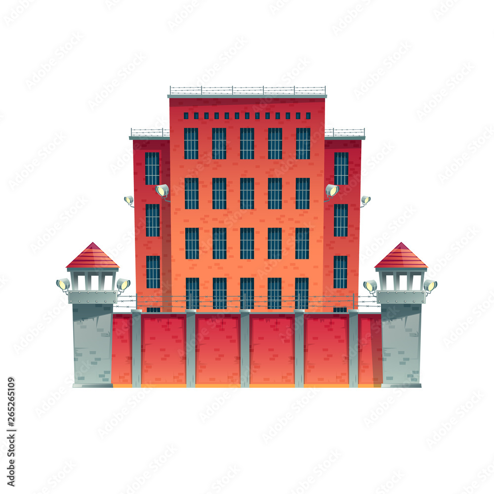 Modern prison, jail building with walls of red brick, bars on windows ...