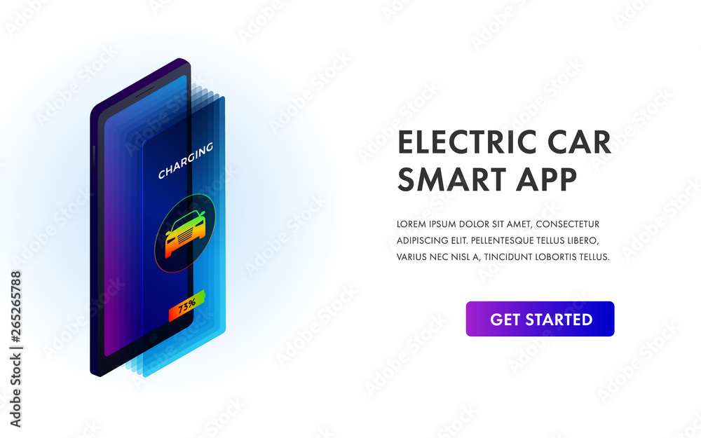Electric car smart app isometric concept. Web banner template with ...