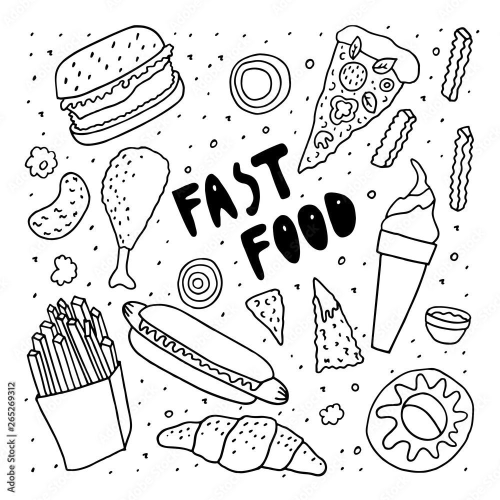 Fast food doodle sketch . Freehand monochrome drawing . Burger chicken ...