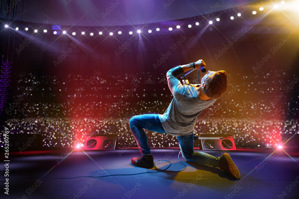 Rock star celebrity on the main stage big music festival. Aroun full ...