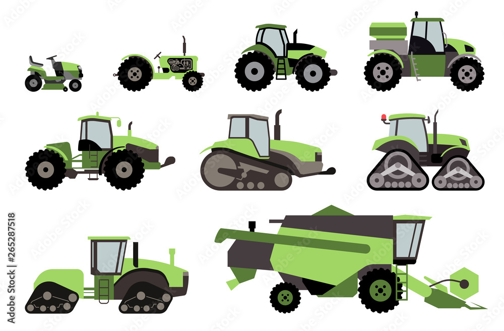 Agricultural mechanization flat icons. Set of different types of ...