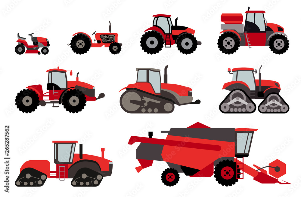 Agricultural mechanization flat icons. Set of different types of ...