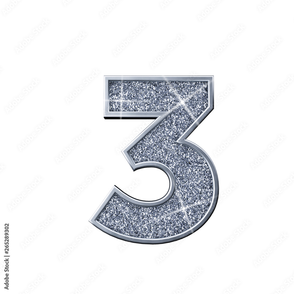 Silver glitter number 3. Shiny sparkling number. 3D rendering Stock ...