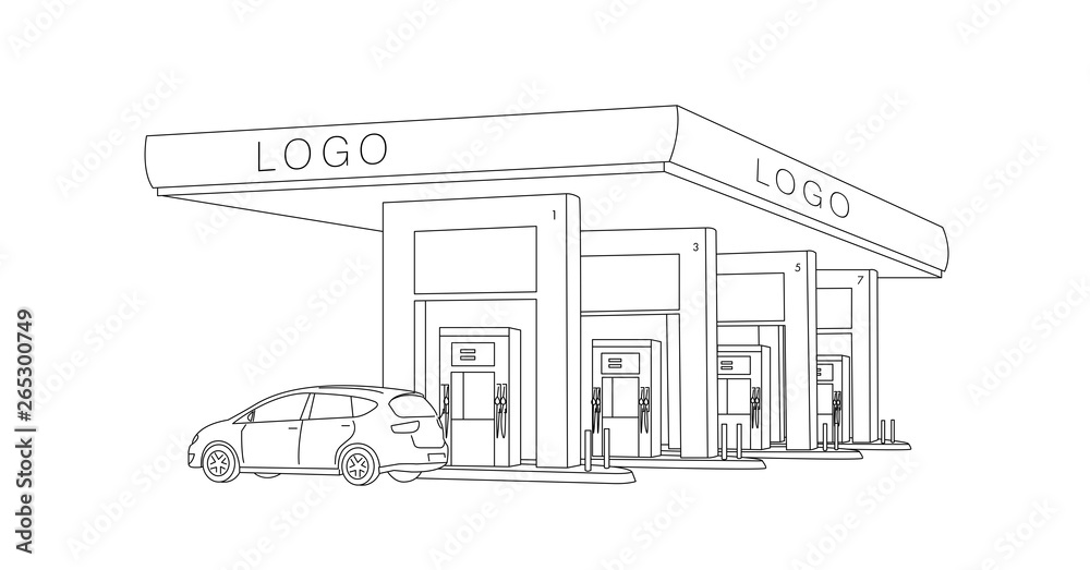 gas station fuel dispensers row illustration with car, linear graphic ...
