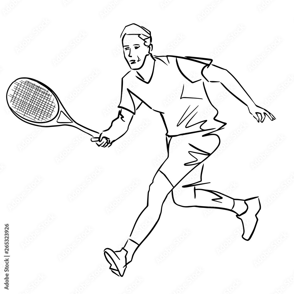 Male tennis player with racket. Isolated black contour. Vector graphic ...