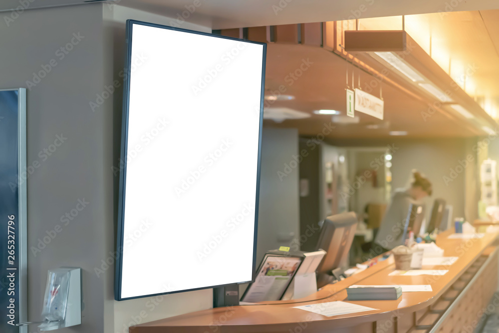 reception counter in hotel, big banner on wall, mock-up Stock Photo ...