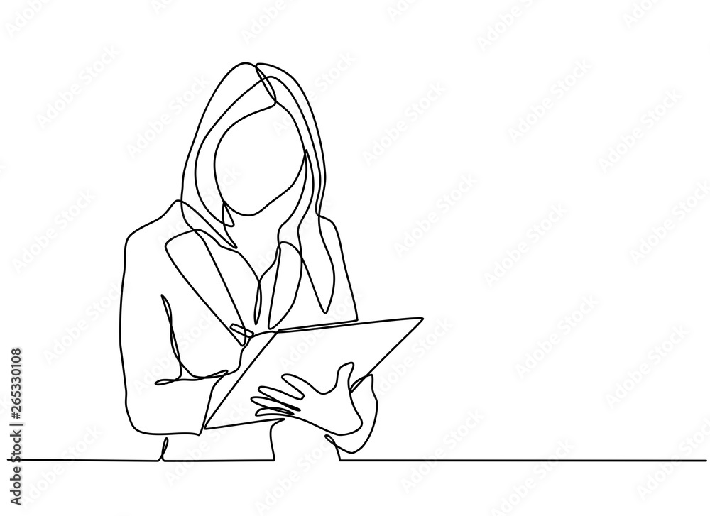 continuous line drawing of office workers standing at business meetings ...