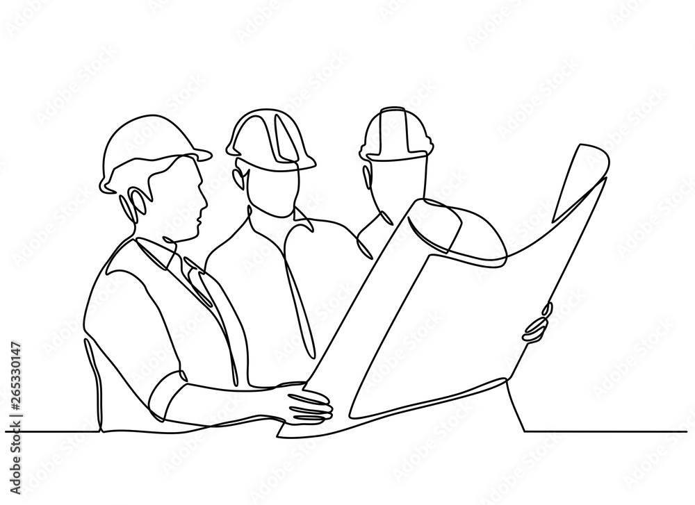continuous line drawings of some construction workers wearing helmets ...