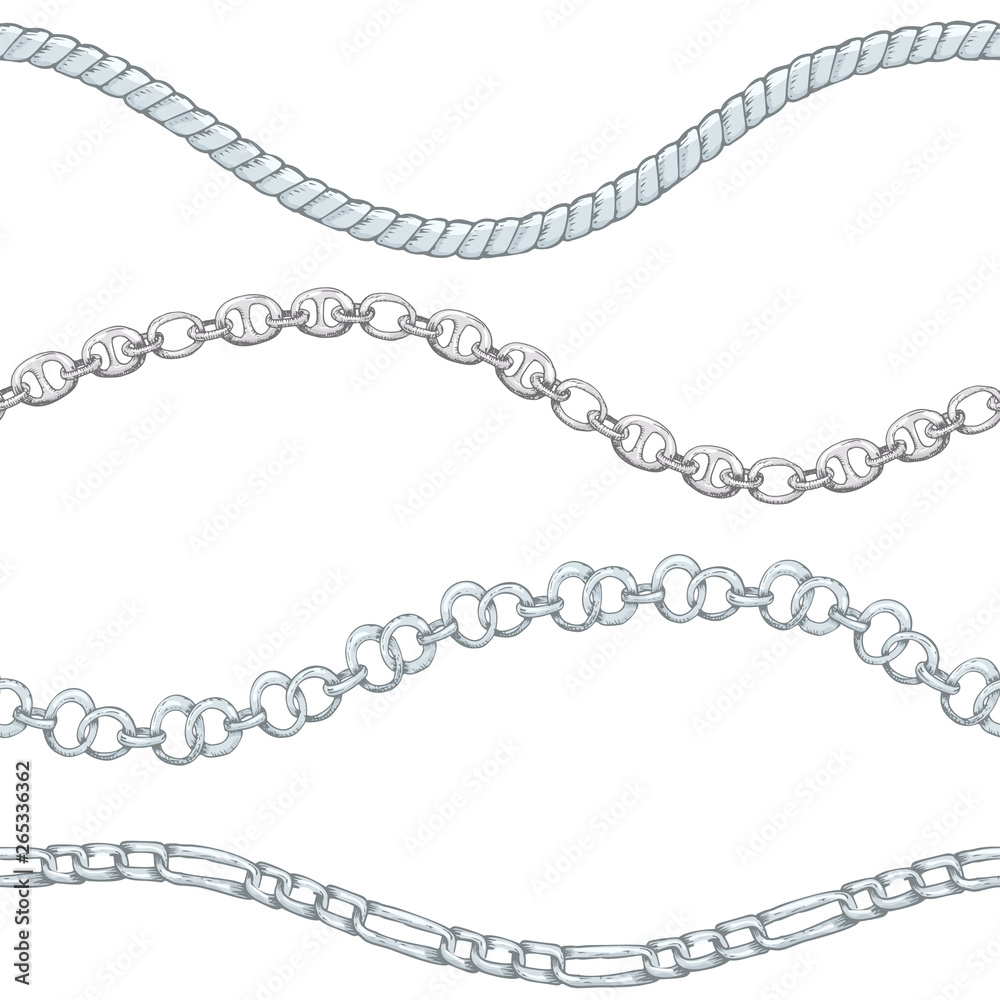 Seamless pattern with retro hand-drawn sketch silver chain on white ...