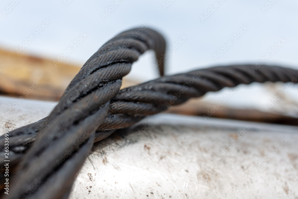 Wire rope sling or cable sling on crane reel drum or winch roll of ...