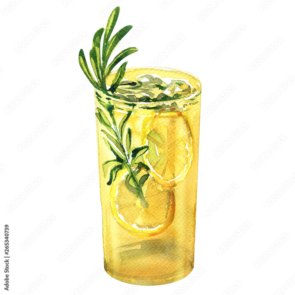 Glass of refreshing cocktail, fresh lemon drink with lemon, rosemary ...