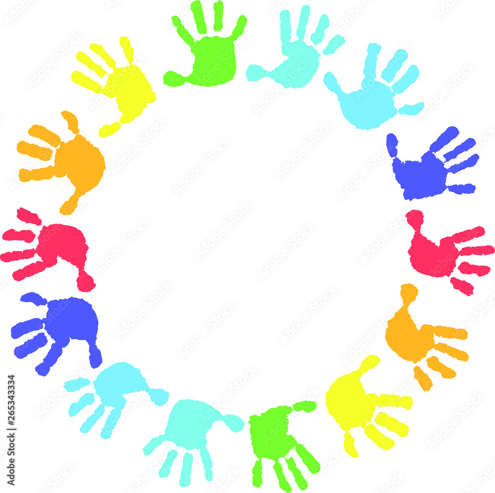 Children's hands, circle, kid handprint, baby palms, watercolor. 14 ...