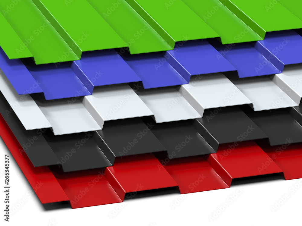 Steel profiled multi-colored sheets stacked in a stack. Sale of steel ...