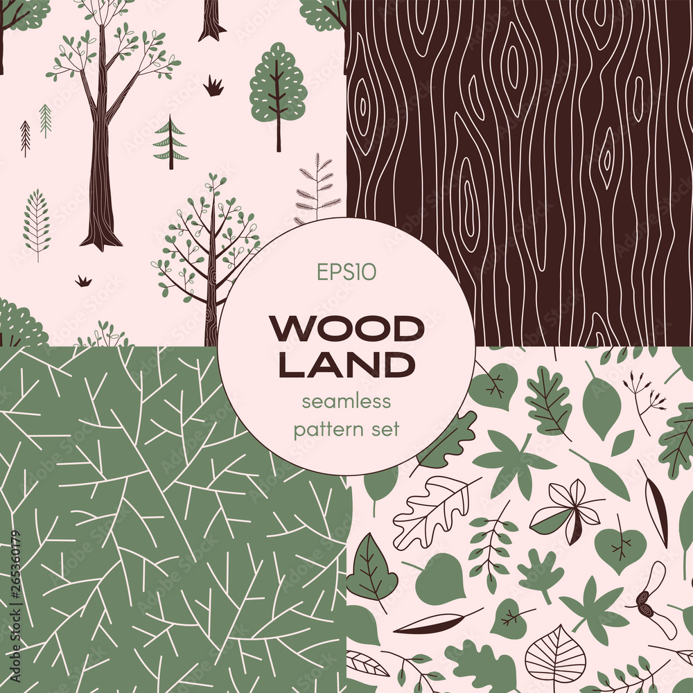 Forest wildlife childish vector seamless pattern set. Park landscape ...