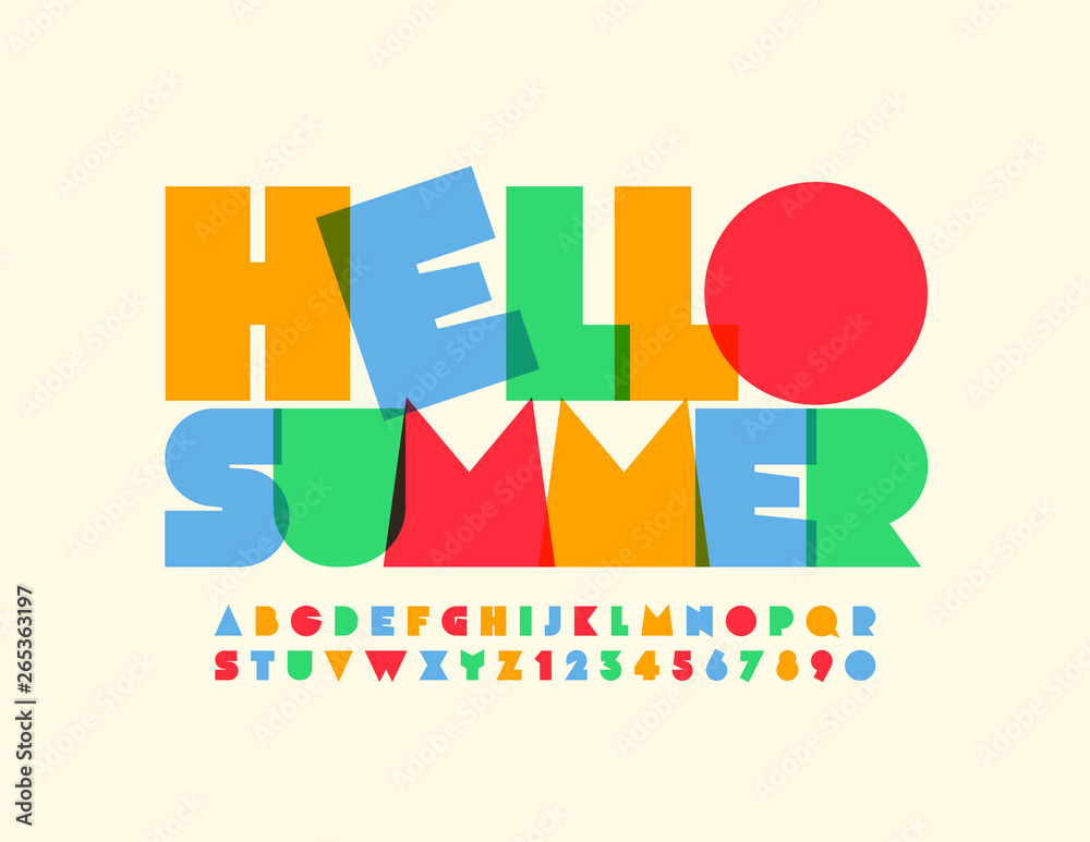 Vector bright poster Hello Summer with modern Alphabet Letters and Numbers. Kids colorful Font ...