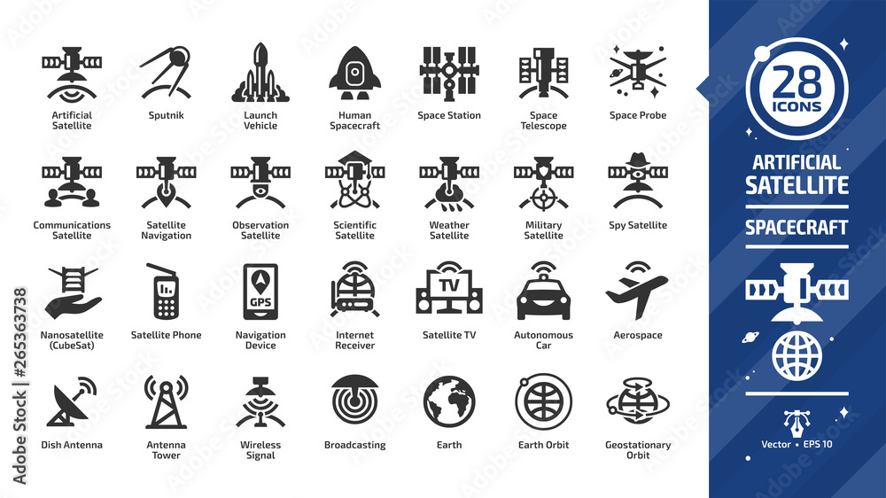 Satellite glyph icon set with dish and tower antenna, space station ...