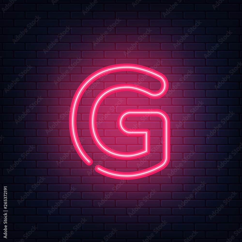 Glowing red neon letters. Realistic bright font on dark brick wall ...
