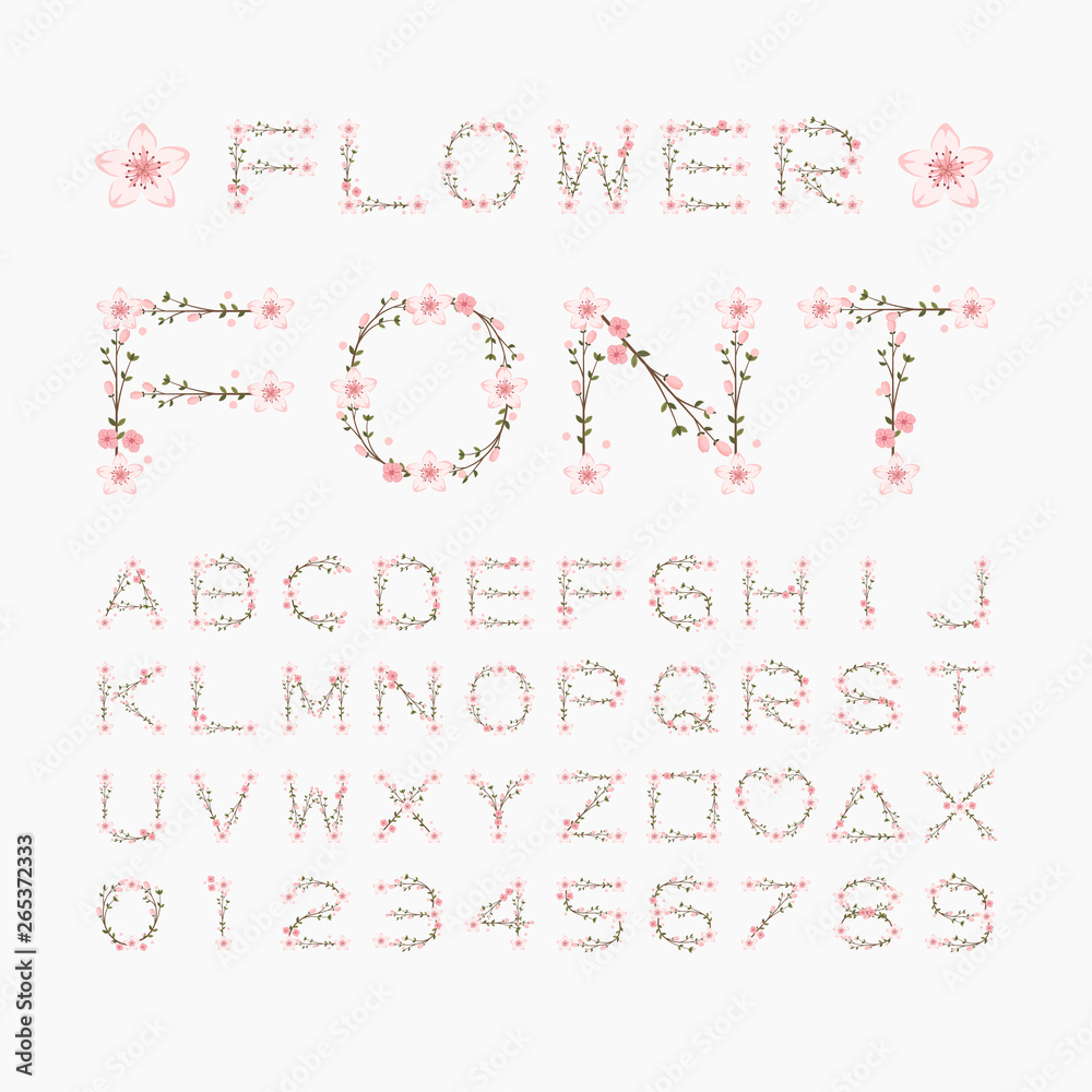 Isolated flower font alphabet character with number and symbol, Vector ...