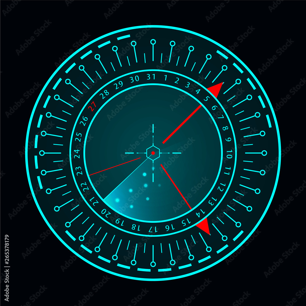 Vector radar screen. Military search system. Futuristic HUD radar ...
