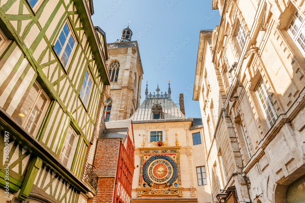 Famous Gros Horloge street with astronomical clock tower, main shopping ...