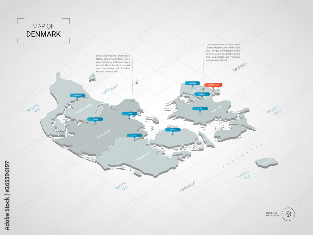 Isometric 3D Denmark map. Stylized vector map illustration with cities ...