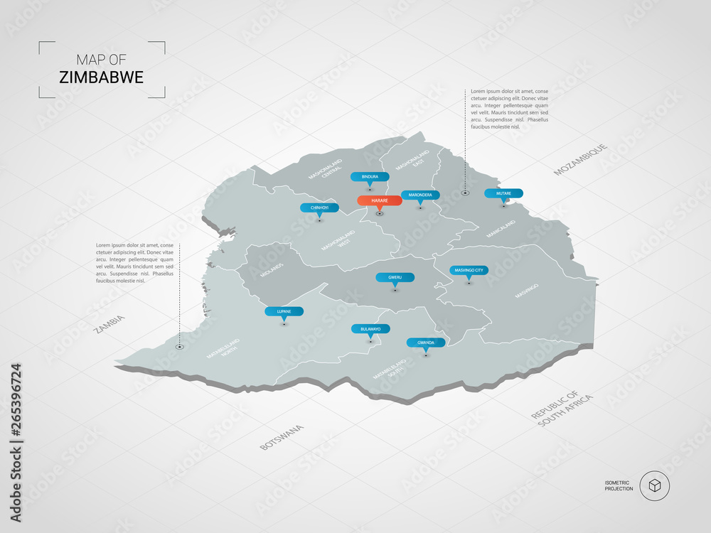 Isometric 3D Zimbabwe map. Stylized vector map illustration with cities ...