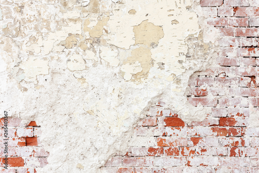 Red Old Weathered Brick Wall With Beaten Pieces Of Whitewash, Putty And ...