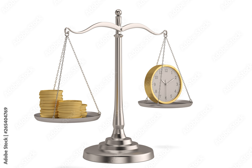 Gold coins and clock on libra over white background. 3D illustration ...