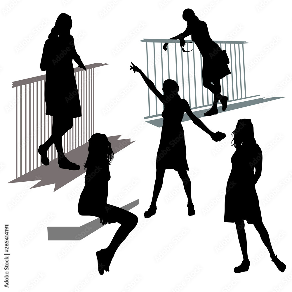 Five different vector silhouettes of the same slim young girl isolated ...