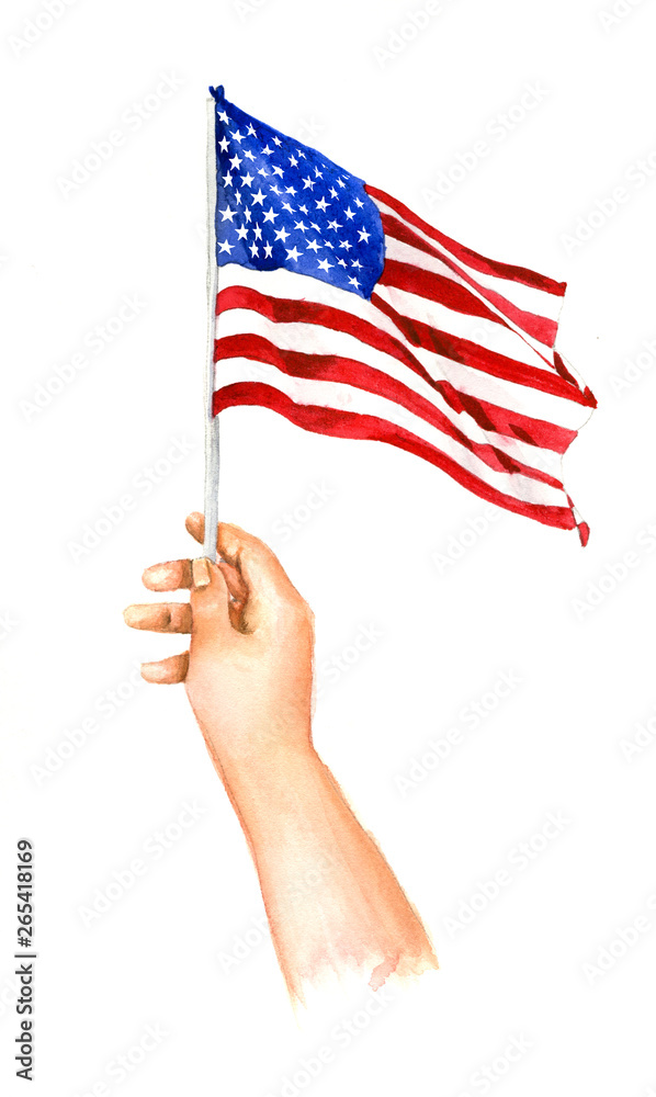 Watercolor illustration of Right hand holding a small American flag in ...