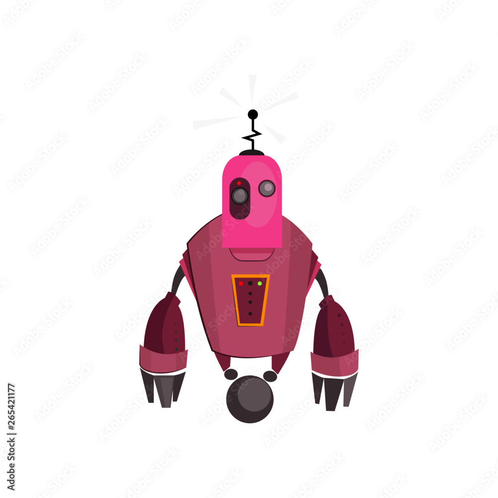 Pink robot cartoon illustration. Balancing cyborg with antenna ...