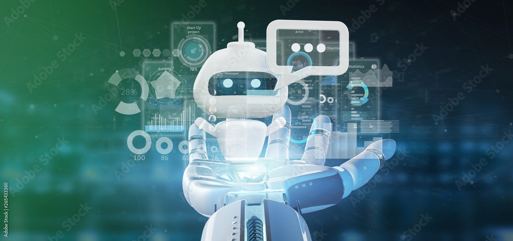 Cyborg hand holding Chatbot with binary code, message and data 3d ...