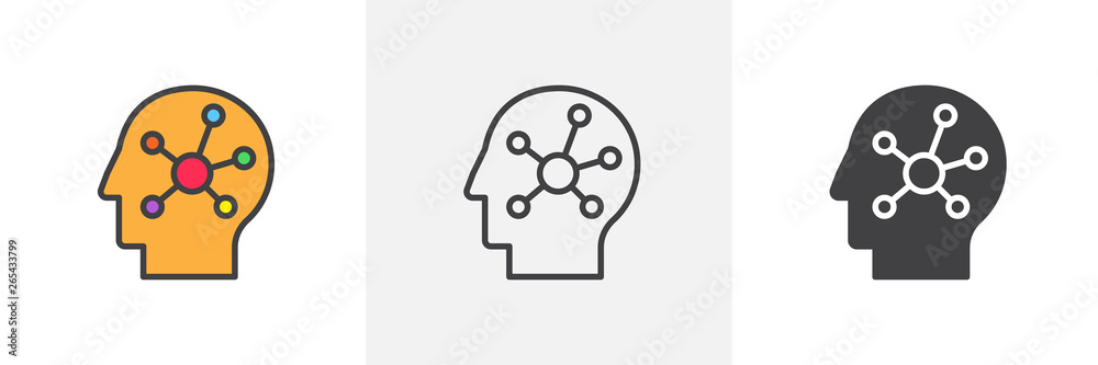Mind map in the human head icon. Line, glyph and filled outline ...