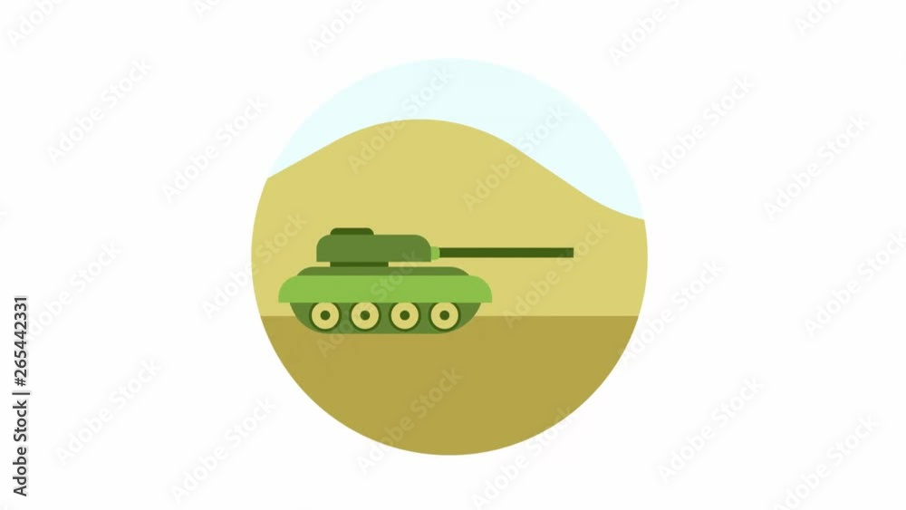 Cartoon 2D animation tank icon in circle. Flat style. It rides and ...