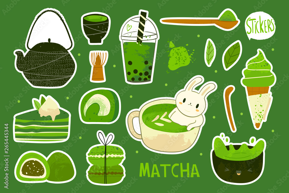 Various matcha tea products. Tea powder, mochi, macarons, bamboo spoon ...