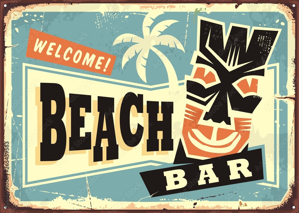 Vetor de Beach bar advertising with Hawaii tiki mask and palm tree ...