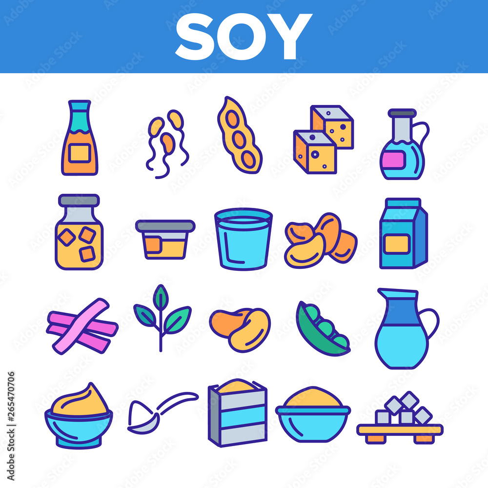 Soy Products, Food Linear Vector Icons Set. Vegetarian Soy Food Symbols ...