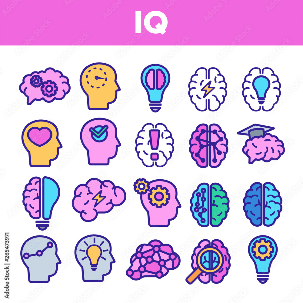 IQ, Intellect Linear Vector Icons Set. Intelligence Coefficient, IQ ...