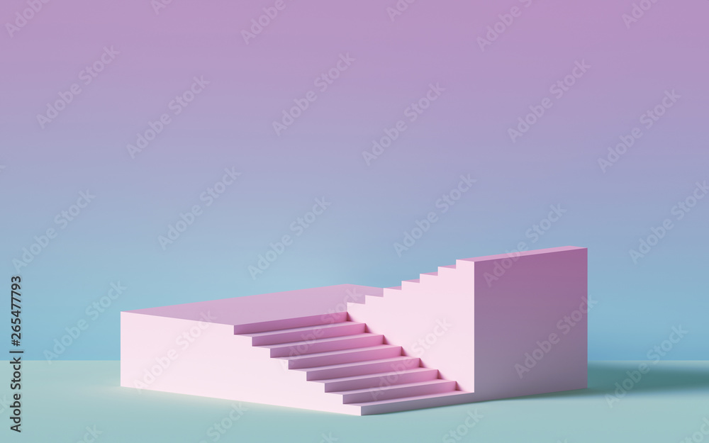 3d render, pink stairs, steps, abstract background in pastel colors ...